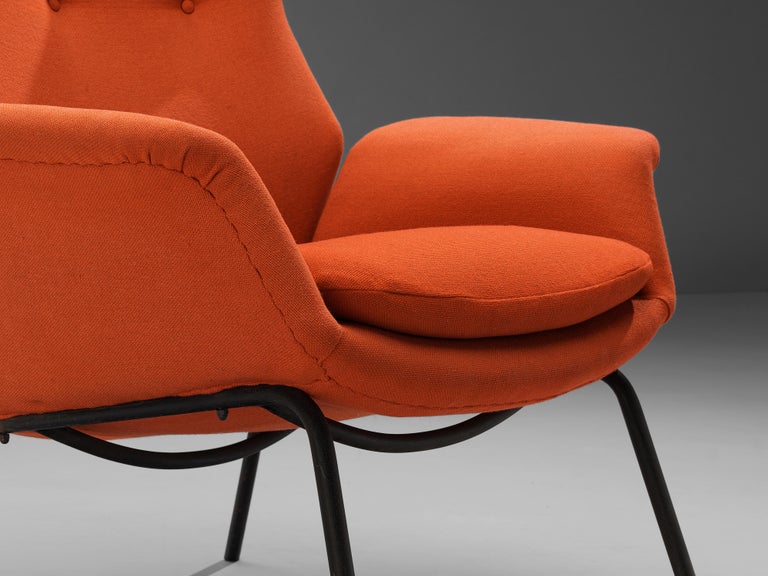 Mid Century Modern Wingback Chair in Orange Fabric and Metal
