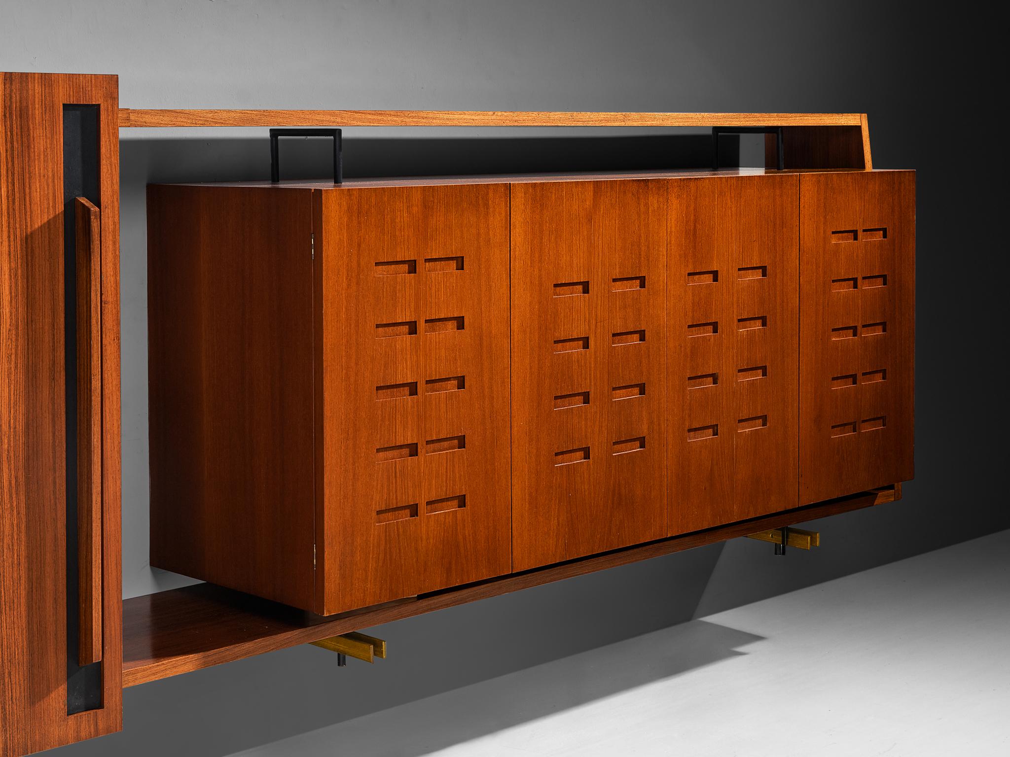Merighi Dall Olmo Italian Floating Wall Mounted Sideboard in Teak 1950s